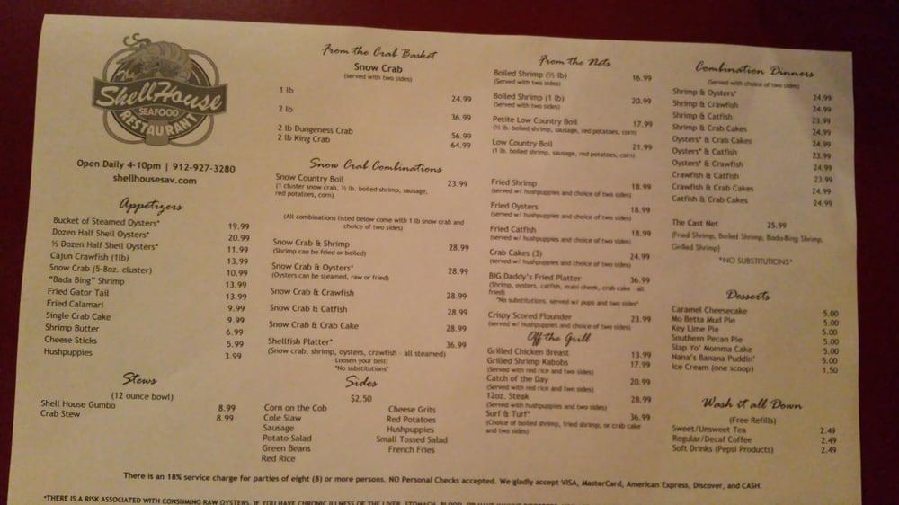 Menu at The ShellHouse Seafood Restaurant, Savannah