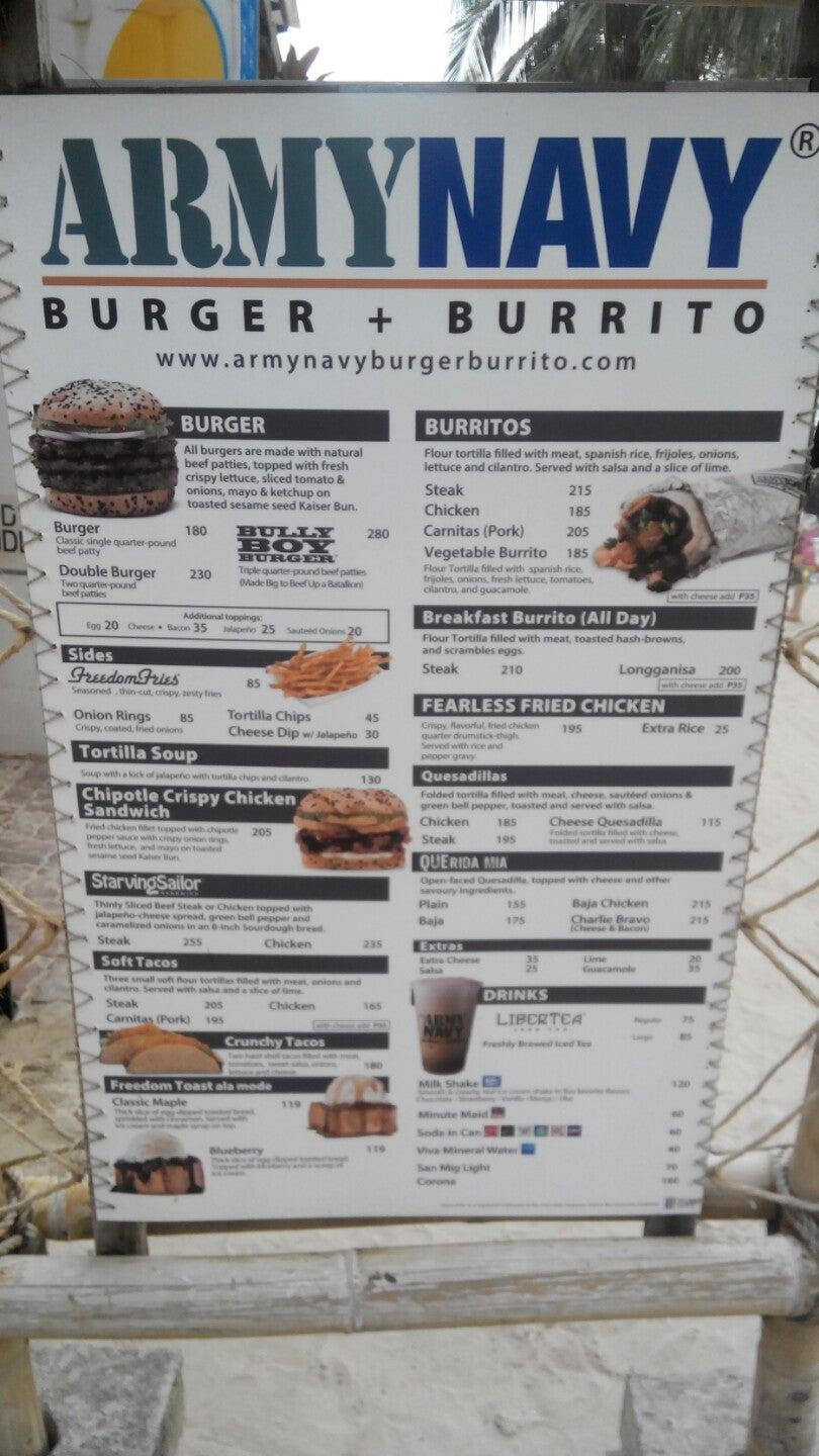Menu at Army Navy Burger + Burrito restaurant, Malay, Boracay_s Boat ...