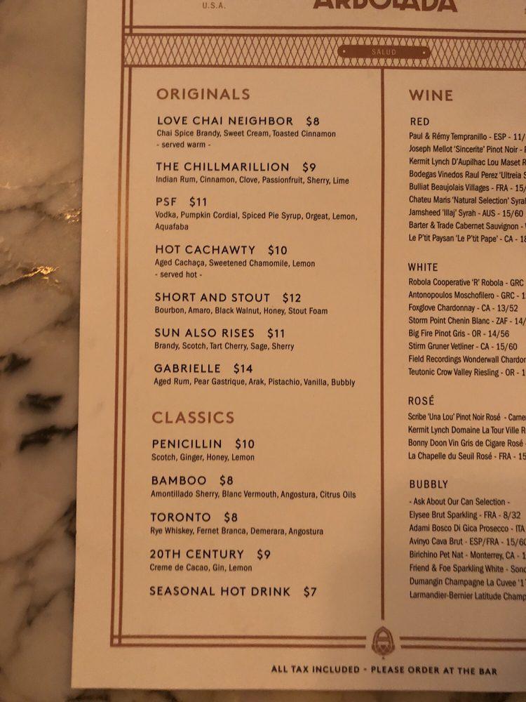 Menu at Bar Arbolada, Oklahoma City