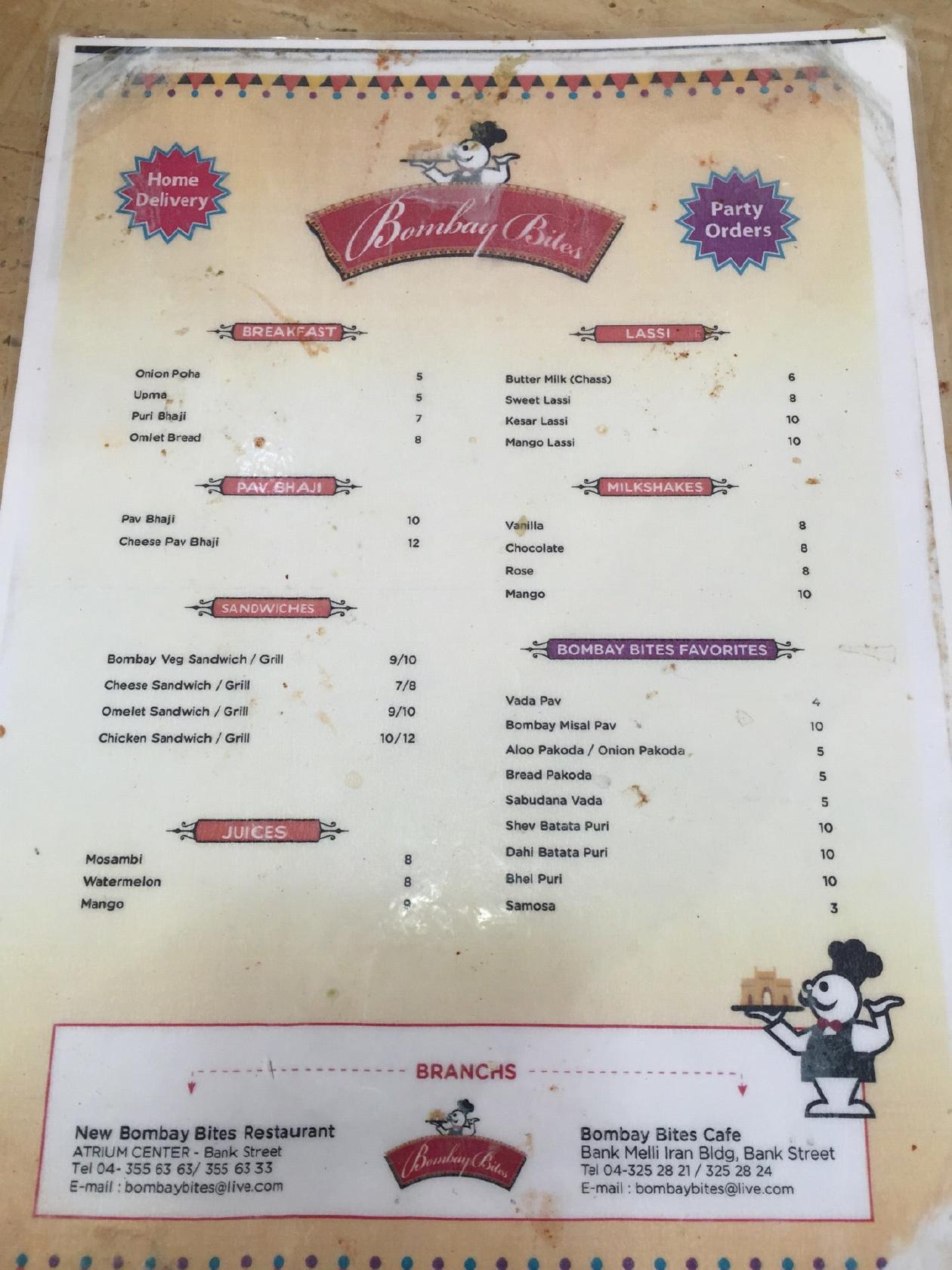 Menu at Bombay Bites Restaurant, Dubai, 124 Khalid Bin Al Waleed Rd
