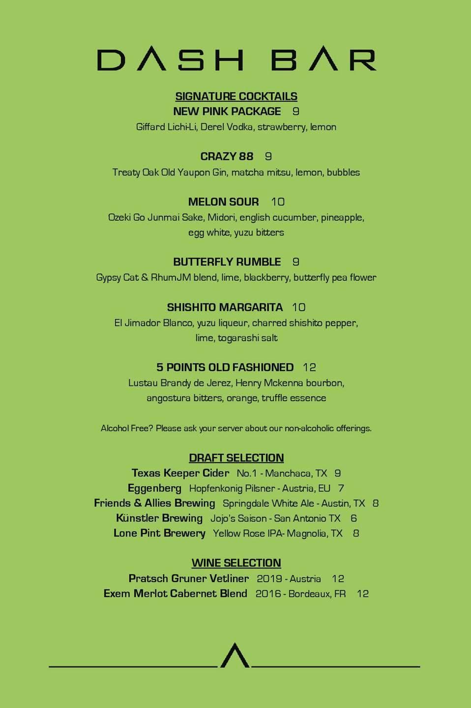 Menu at Dash Bar, San Antonio