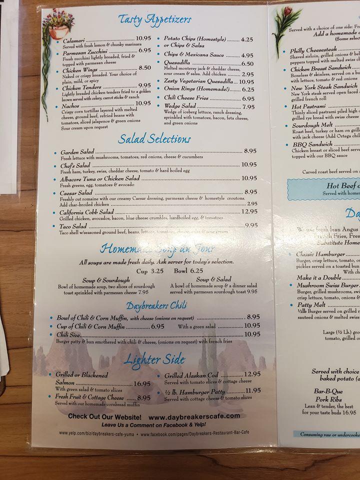 Menu at DayBreakers Cafe, Yuma