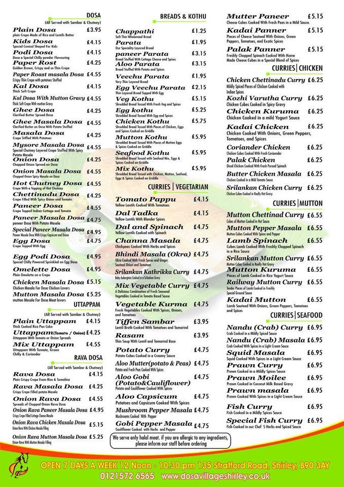 Menu at Dosa Village restaurant, Solihull
