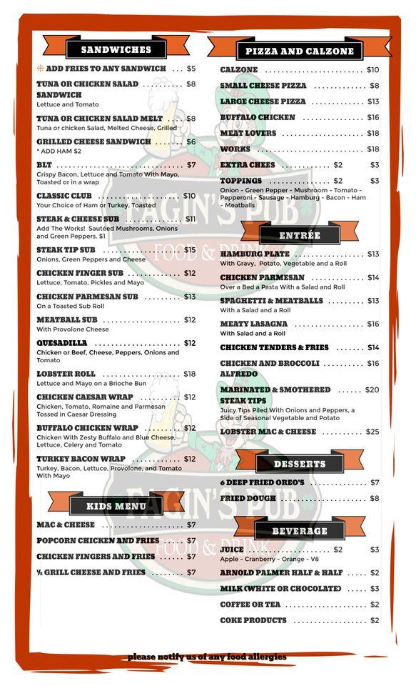 Menu at Fagin's Pub, Berlin