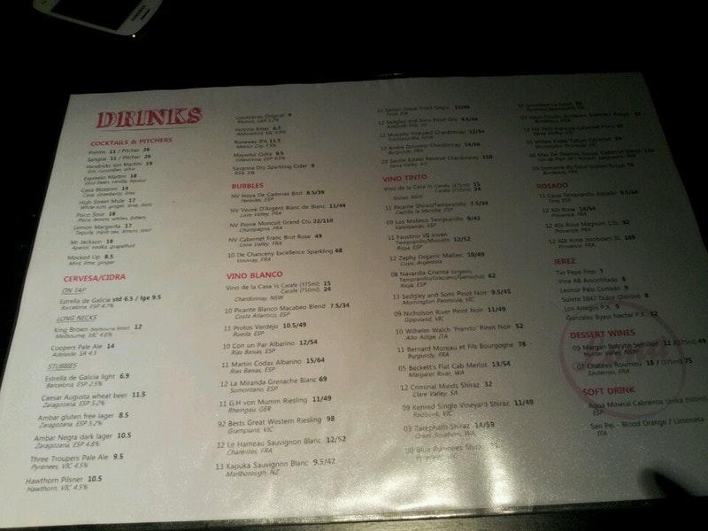 Menu at Lona Pintxos Bar, Armadale