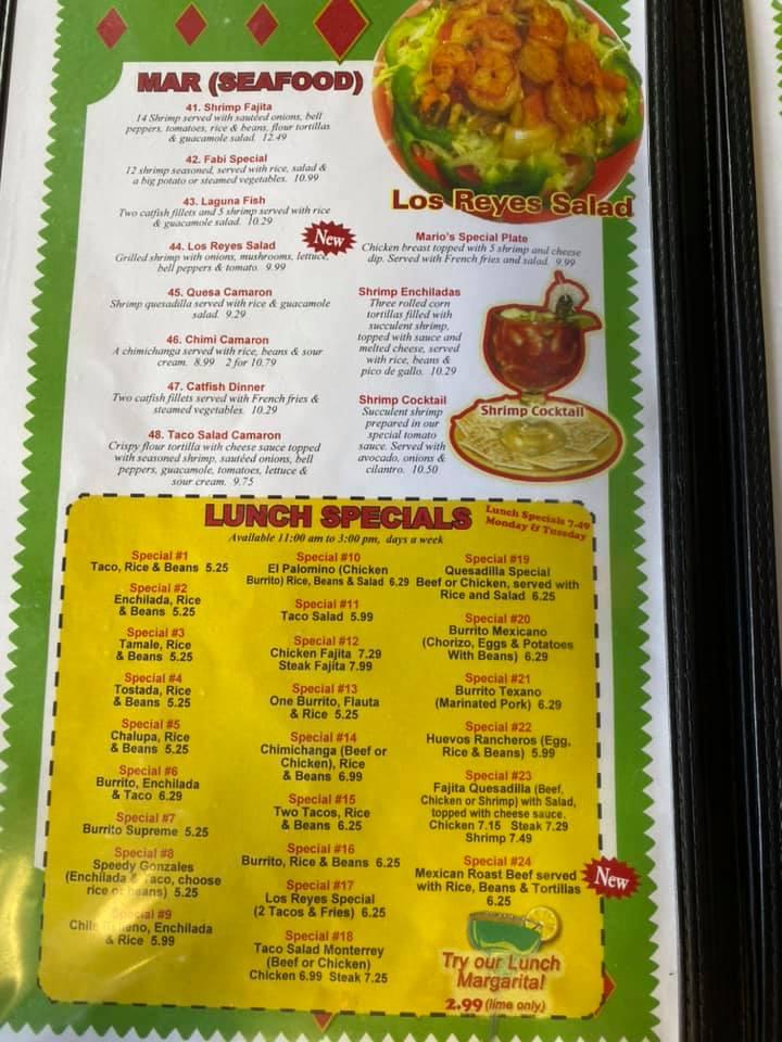 Menu at Los Reyes Mexican Restaurant, Eldorado