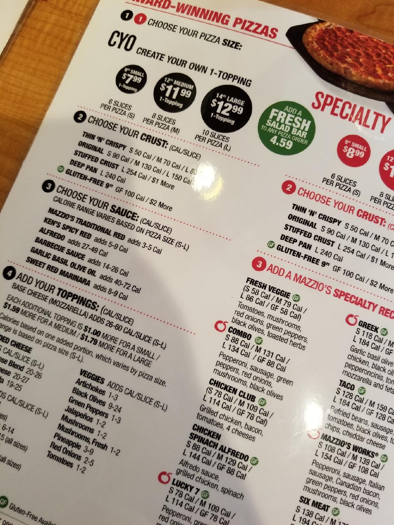 Menu at Mazzio's Italian Eatery pizzeria, Woodward, Oklahoma Ave