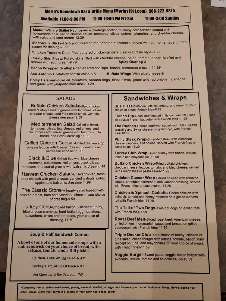 Menu at Morin's Hometown Bar & Grille, Attleboro