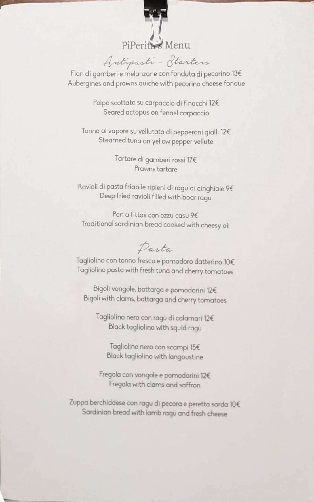Menu at Piperita Patty restaurant, Olbia