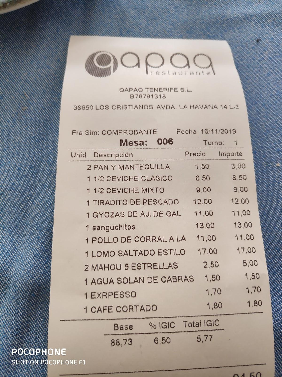 Carta de Restaurante qapaq, Playa de la Américas