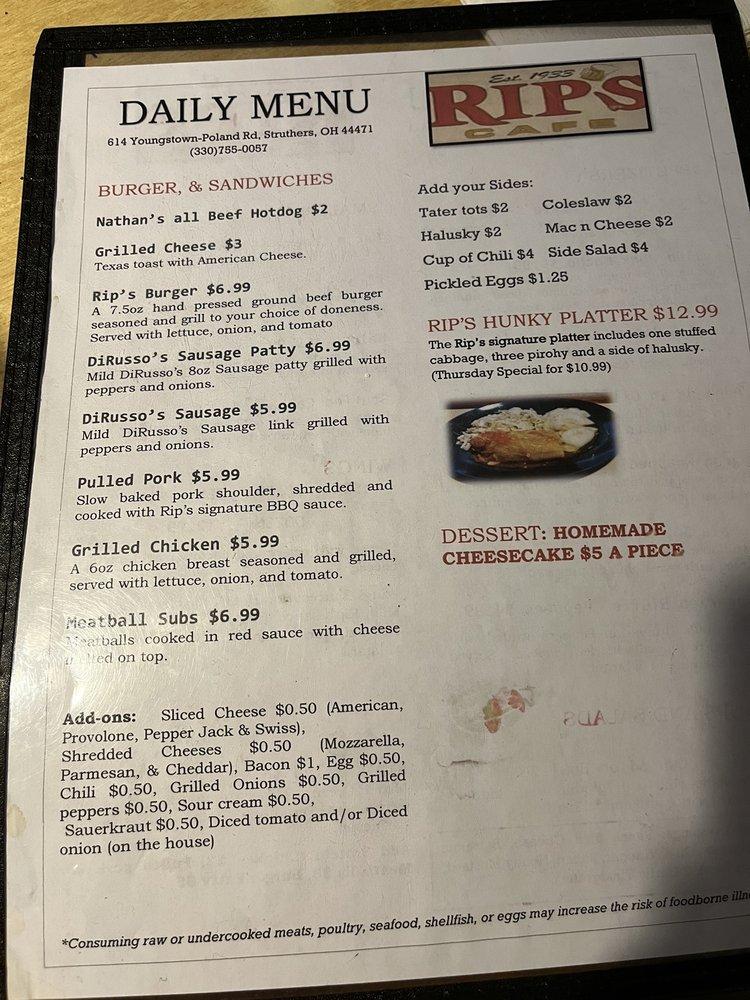 Menu at Rips Cafe, Struthers