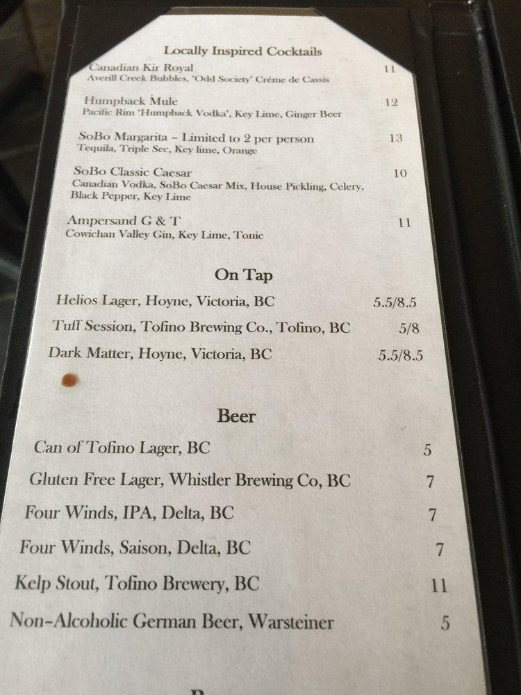 Menu at SoBo Restaurant, Tofino