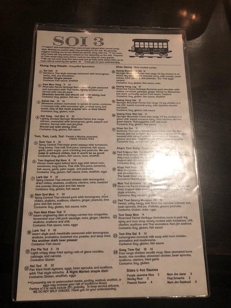 Menu at Soi 3 Thai Street Food restaurant, Kennesaw