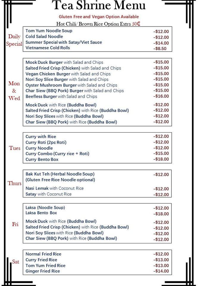 Menu at Tea Shrine cafe, Alice Springs, 4/2 Gregory Terrace