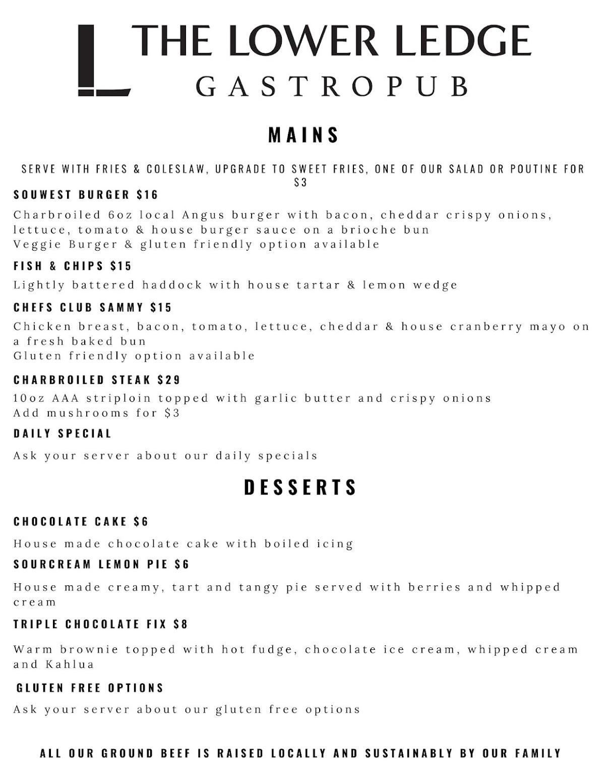 Menu at The Lower Ledge Gastropub, Doaktown, 30 ledges inn lane