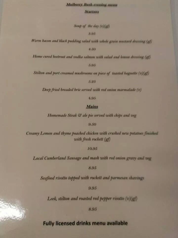 Menu at The Mulberry Bush cafe, Kirkby Stephen