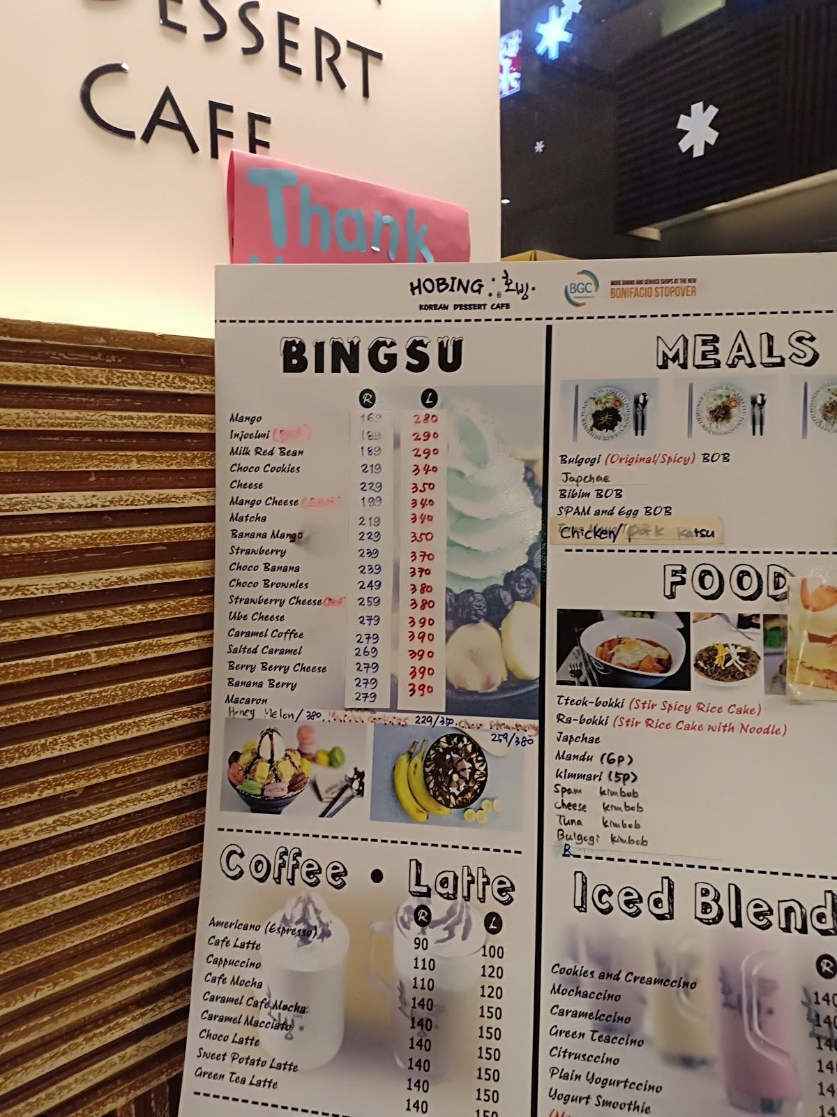 Carta de Hobing Korean Dessert Cafe, Taguig, 3rd Floor