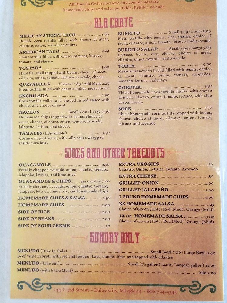 Menu at Jalisco Mexican Deli restaurant, Imlay City