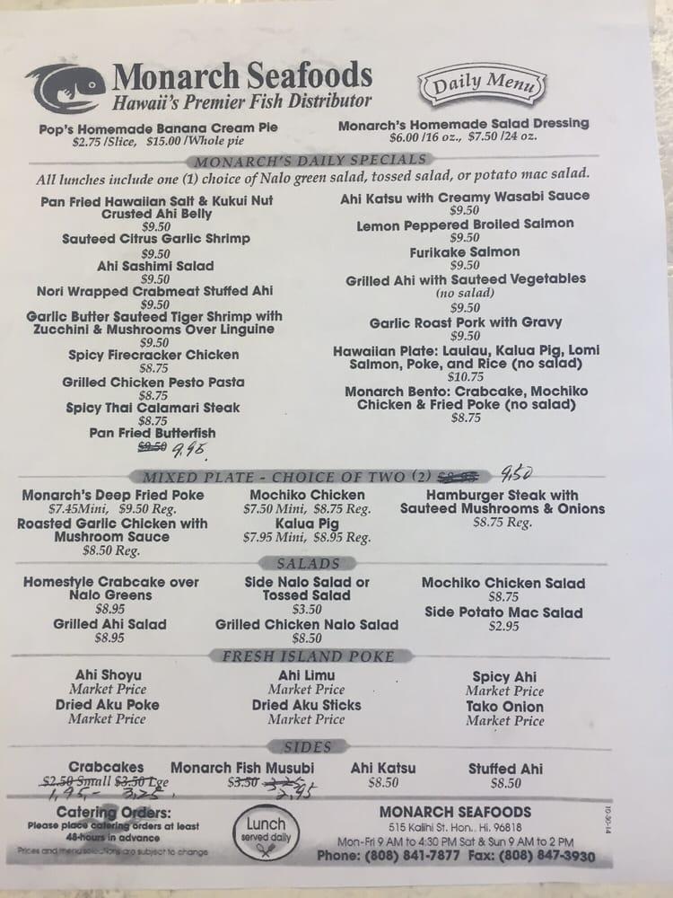 Menu at Monarch Seafoods restaurant, Honolulu, 515 Kalihi St