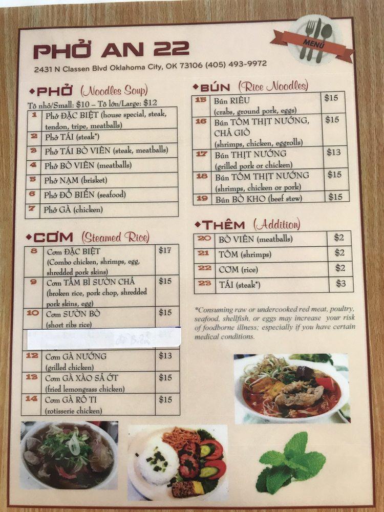 Menu at Phở An 22 restaurant, Oklahoma City