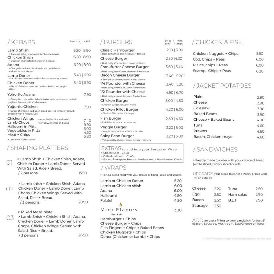 Menu at Three Flames cafe, Feltham