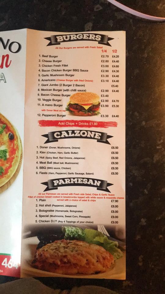 Menu at A MANO fast food, Sherburn in Elmet