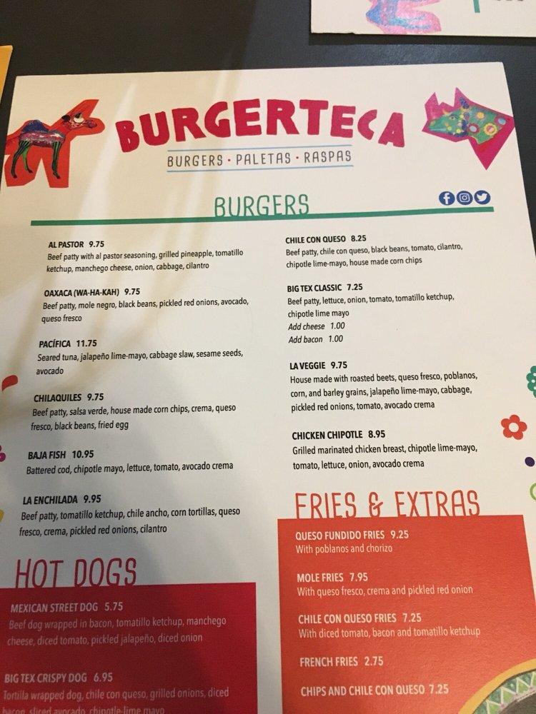 Menu at Burgerteca restaurant, San Antonio