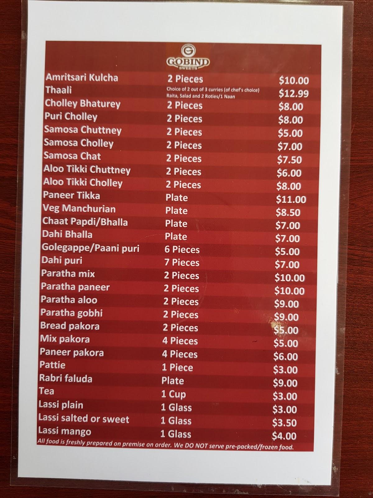 Menu at Gobind Sweets restaurant, Thomastown