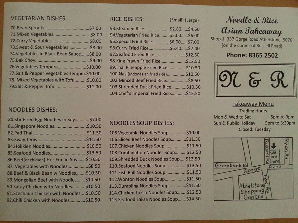 Menu at M & R Noodle & Rice Asian Takeaway restaurant, Athelstone