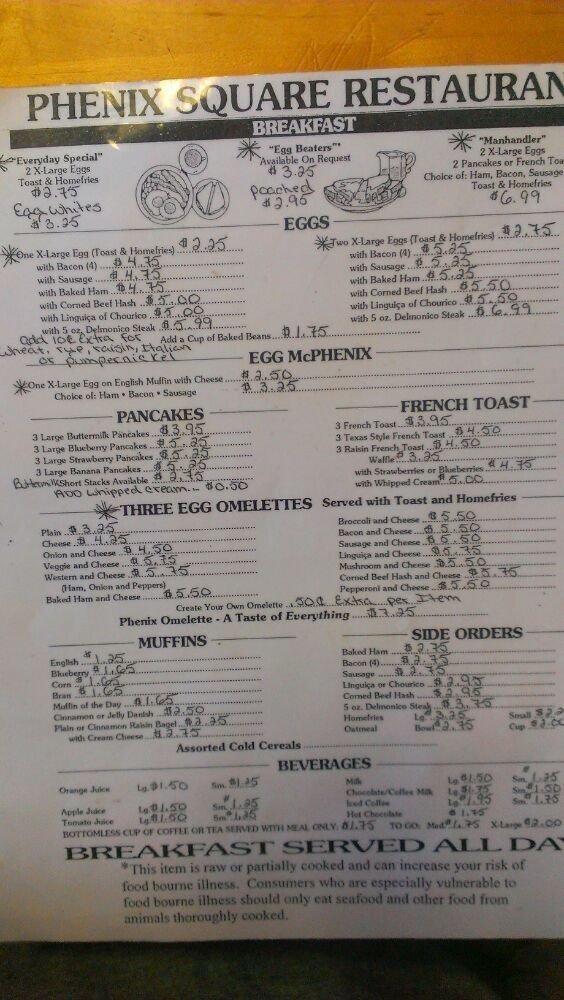 Menu at Phenix Square restaurant, West Warwick