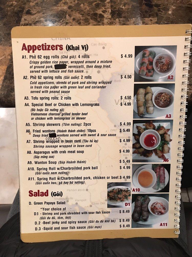 Menu at Phở 62 Grill and Noodle restaurant, Rialto