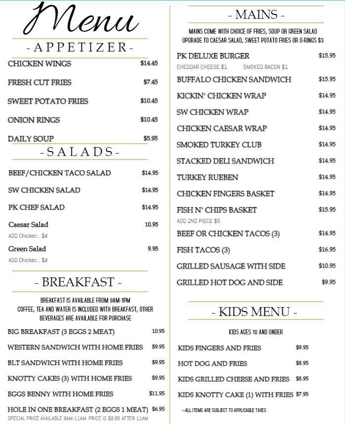 Menu at Pine Knot Golf & Country Club, Canada