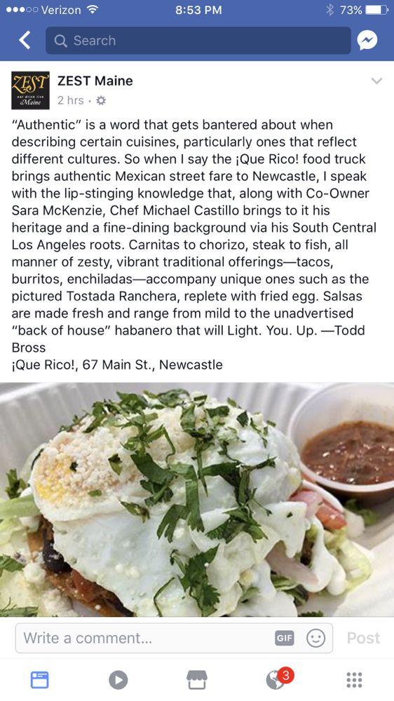 Menu at Que Rico restaurant, Damariscotta