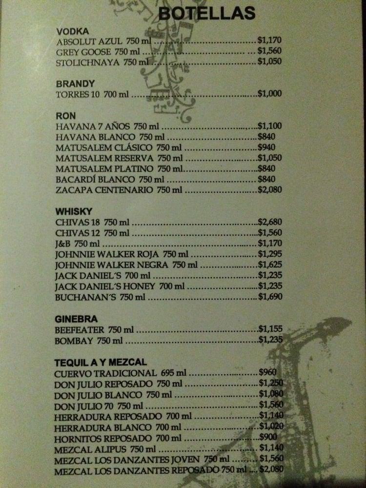 Menu at Zinco Jazz Club, Mexico City, Motolinia 20 Colinia Centro
