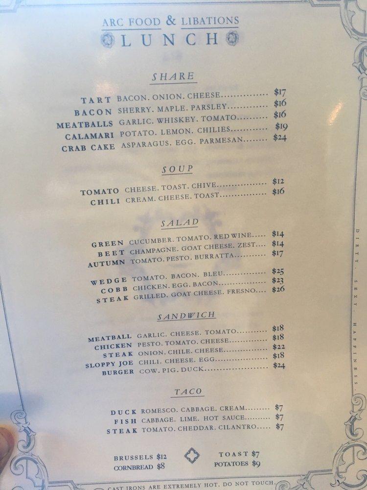 Menu at Arc Food & Libations pub & bar, Costa Mesa