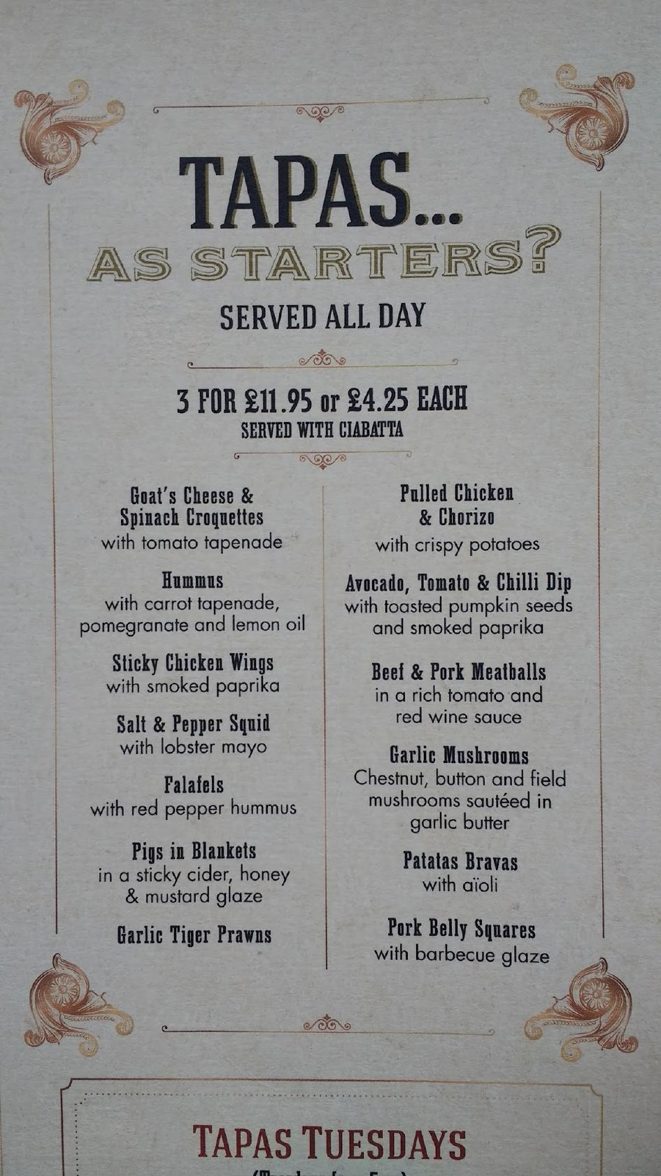 Menu at Cosy Club, Manchester