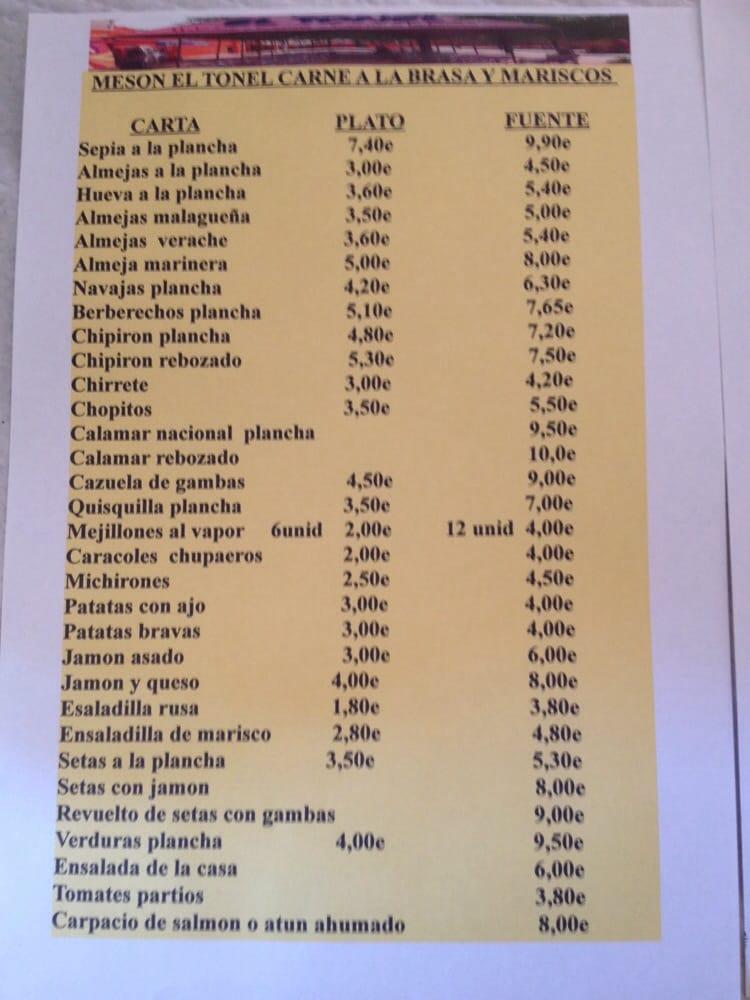 Menu at El Tonel, Alhama de Murcia