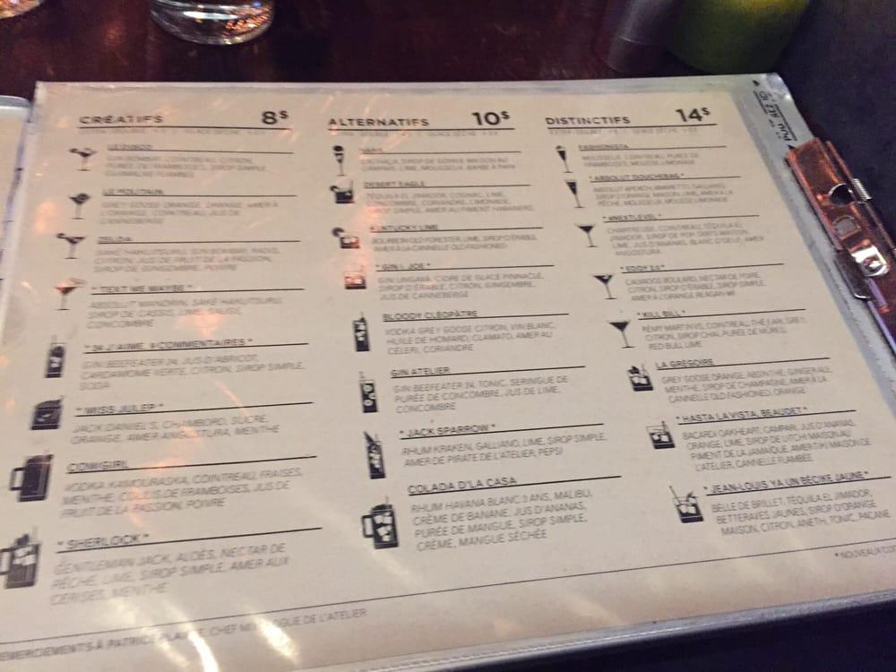 Menu at L'Atelier pub & bar, Québec City, 624 Grande Allée E