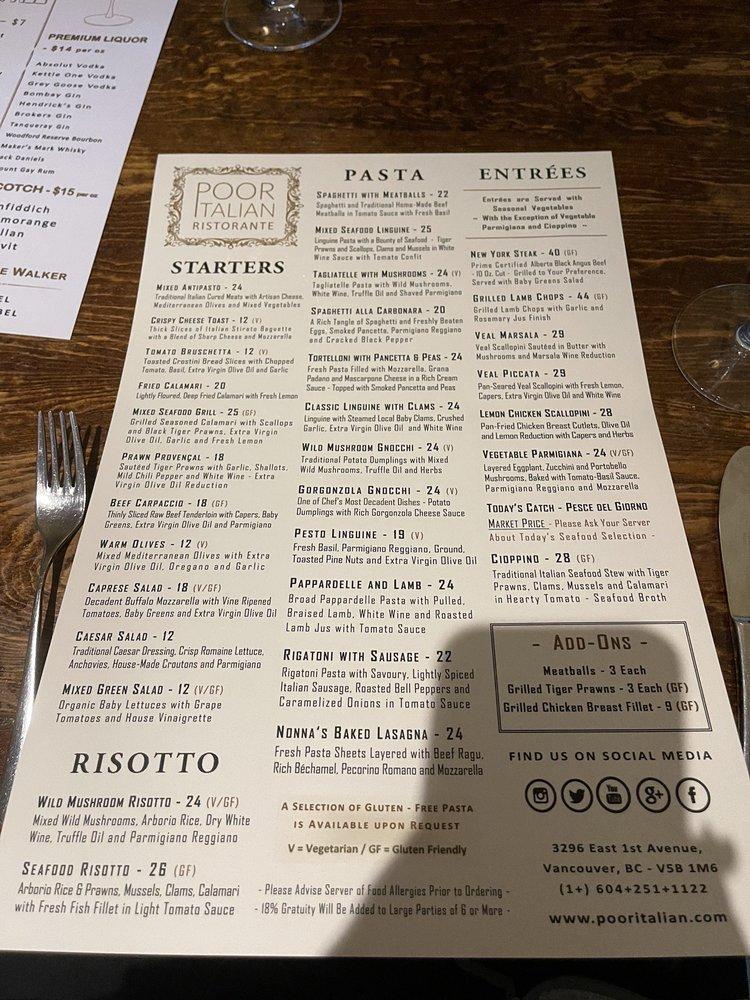 Menu at Poor Italian Ristorante pub & bar, Vancouver