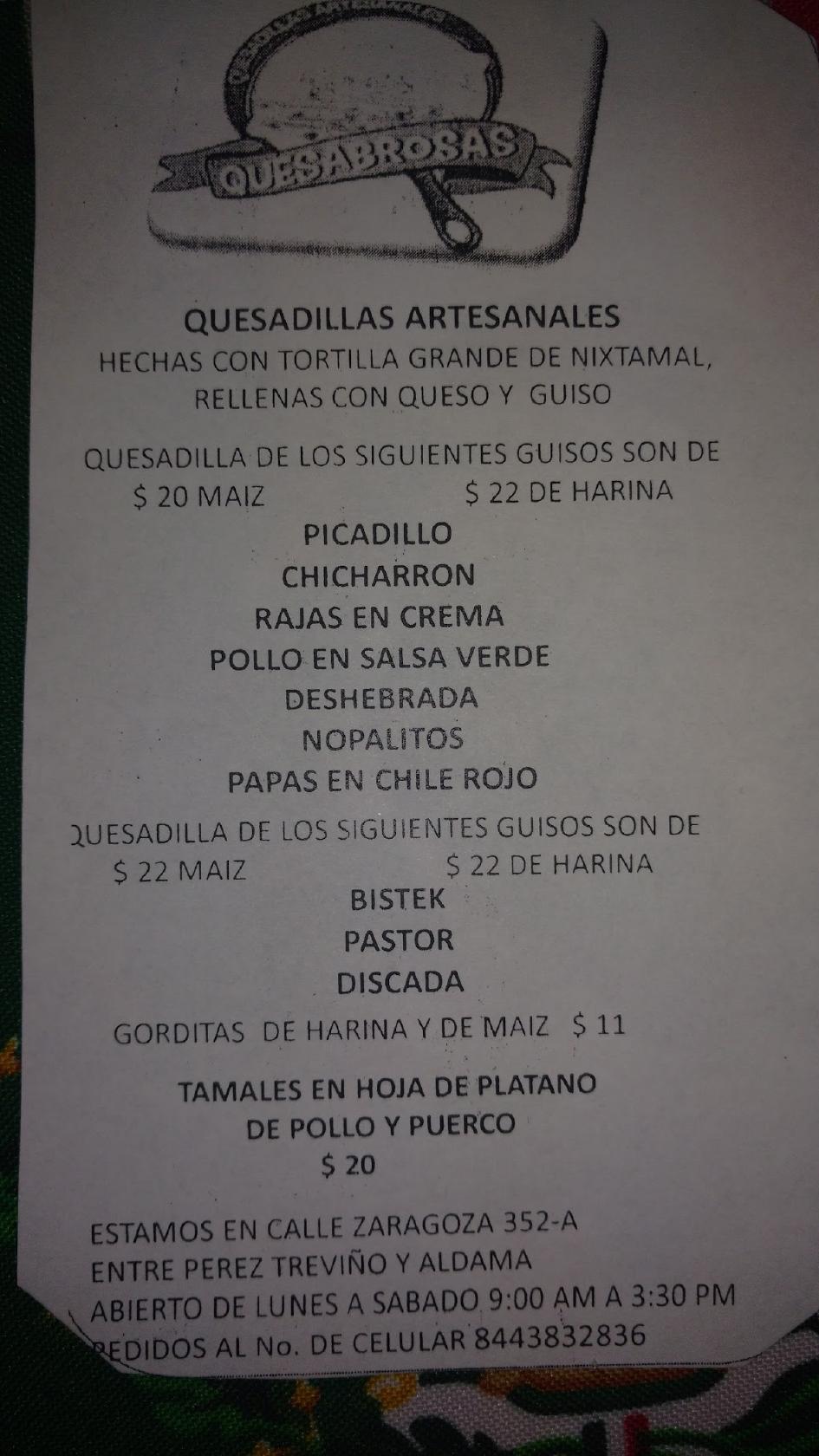 Menu at Quesabrosas restaurant, Saltillo