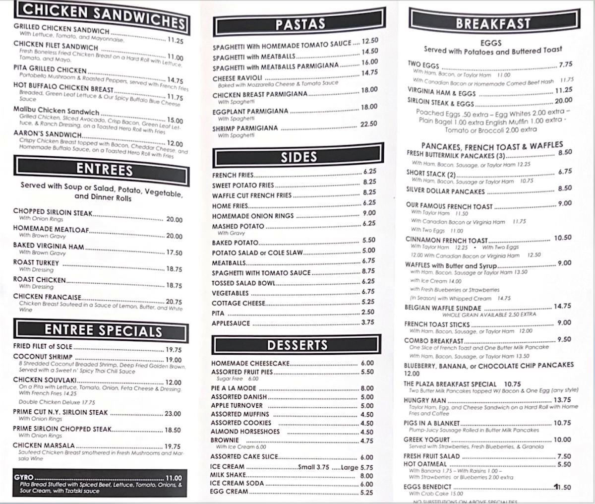 Menu at The Plaza Cafe and Diner, Morris Plains