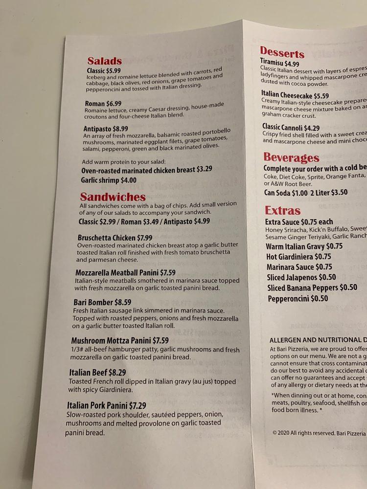 Menu at Bari Pizzeria, West Allis