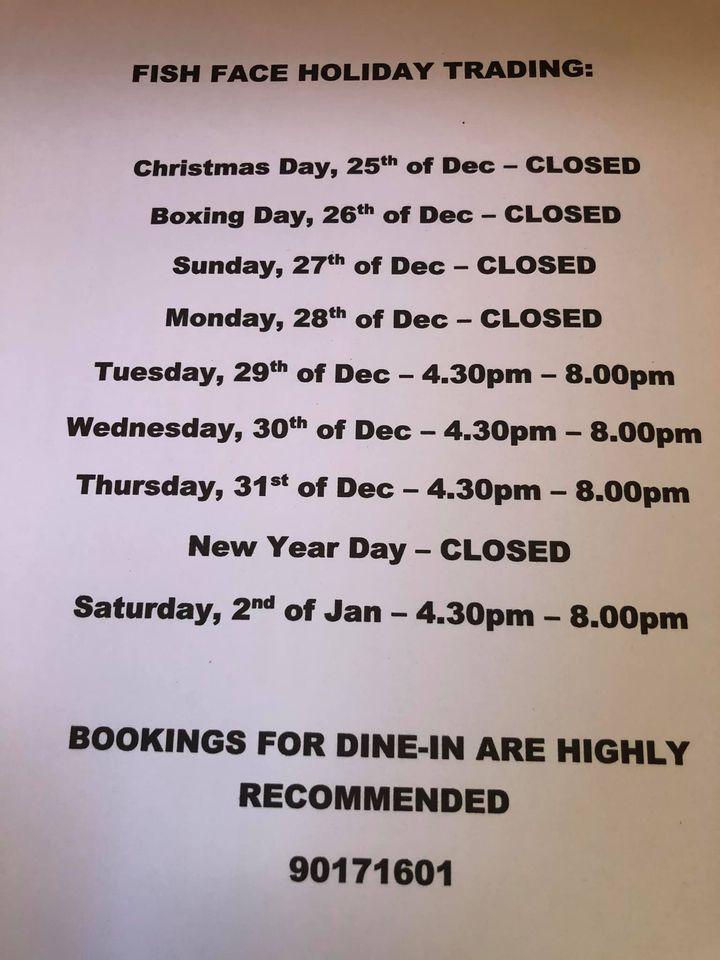 Menu at Fish Face Takeaway and Restaurant, Esperance