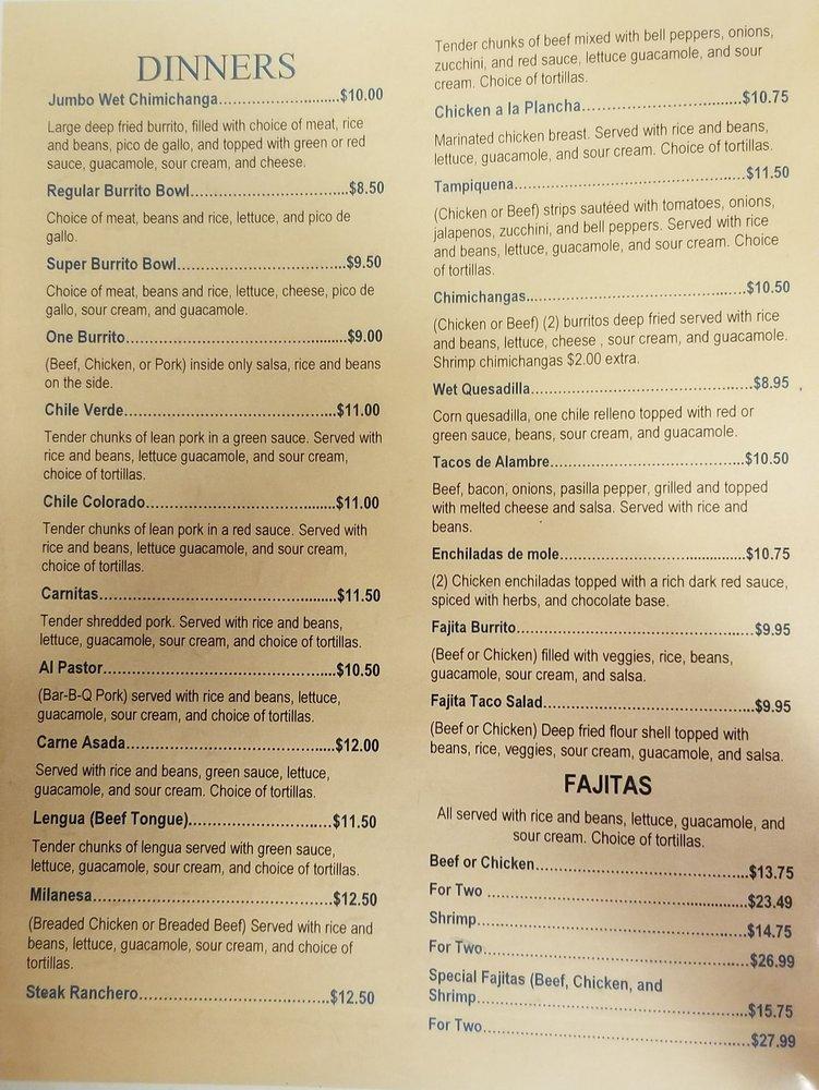 Menu at Mi Tierra Restaurant, Valley Springs