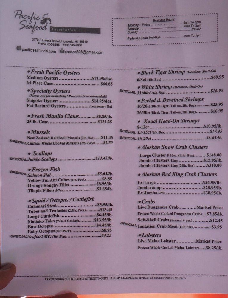 Menu at Pacific Seafood Distribution restaurant, Honolulu