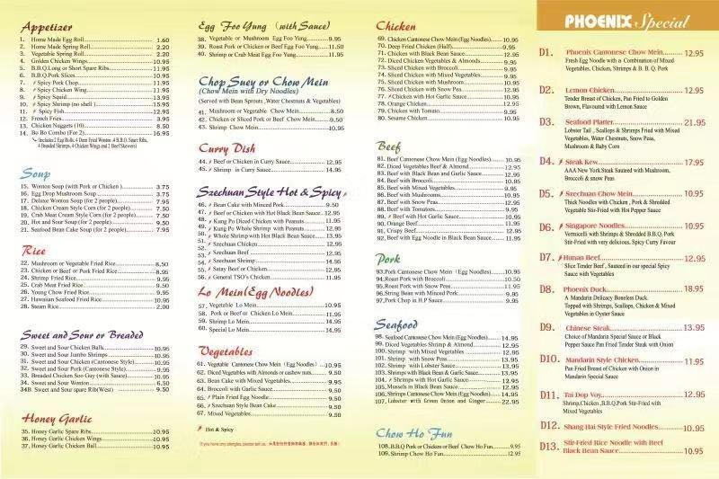 Menu at Phoenix Chinese Restaurant, Mississauga, Creditview Rd