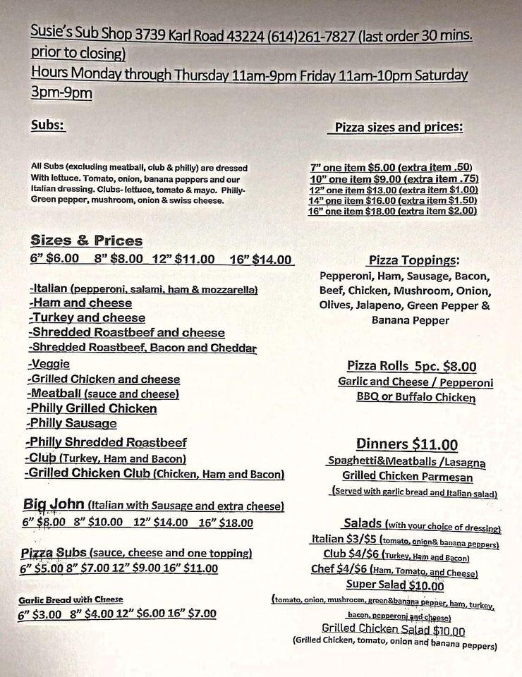 Menu at Susie's Sub Shop pizzeria, Columbus, Karl Rd