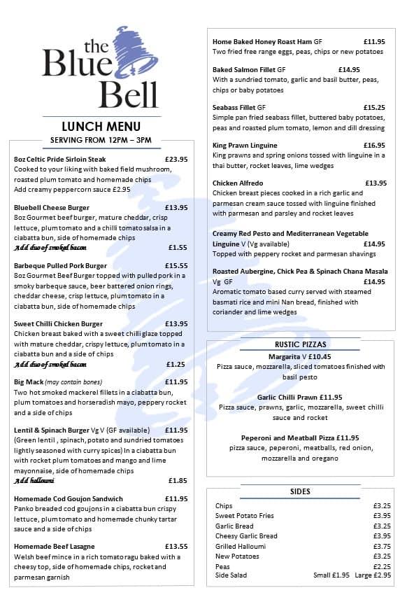 Menu at The Blue Bell Bistro pub & bar, New Quay