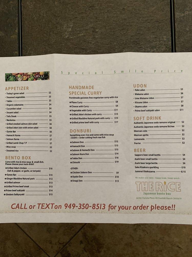 Menu at The Rice, Lake Forest, Portola Pkwy