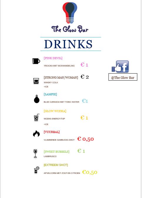 Menu at The glow bar, Alkmaar